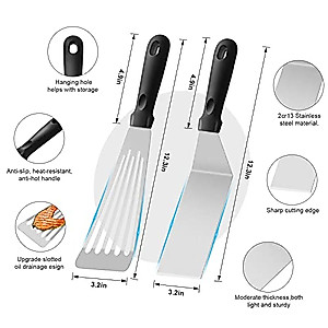 2pcs Fish Spatula, Broppiey heavy duty Stainless Steel Metal Spatulas for Cast Iron Skillet, Griddle, Flat Top Grill, Slotted Fish Turner Spatula Can Flipper Egg Pancake Hamburger, Hanging Hole Black