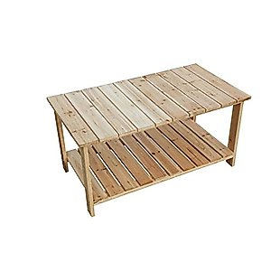 LOKATSE HOME Outdoor Coffee Table Natural Wood Patio Furniture with 2-Shelf Storage Organizer