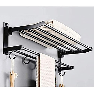 Towel Racks, Towel Rack Towel Holder Bathroom Towel Rail Foldable Double Towel Holder Bathroom Shelf Wall Towel Rack with Hooks Shelf Storage Rack Wall Shelf Organizer Bath Towel Holder/Black/60Cm