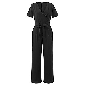 Bravetoshop Womens V Neck Wrap Short Sleeve Jumpsuits Casual Solid Color Belted Wide Leg Jumpsuit Romper with Pockets (Black,M)