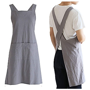losofar Women Men Cotton/Linen Japanese Style Cross Back Aprons Pinafore Dress with Two Pockets for Cooking, Housewarming, Daily Chores(grey, 24×27.6inch)