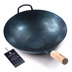 Mammafong Pre Seasoned Blue Carbon Steel Flat Bottom Wok -14 Inch Chinese Pow Wok - Traditionally Hand Hammered Woks and Stir Fry Pans…