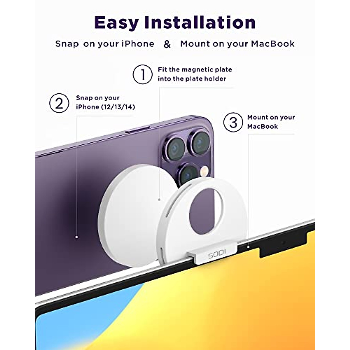 SODI iPhone Continuity Camera Mount - iPhone Camera Mount Compatible with MagSafe for iPhone 14/13/12, iPhone Webcam Mount for MacBook macOS Ventura, Desk View Support iPhone Monitor Loop Mount, White