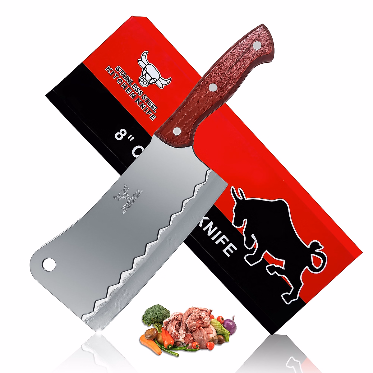 GOOHERA 8 Inch Ultra Sharp Meat Cleaver, Professional Butcher Knife with Stainless Steel and Wooden Handle for Versatile Kitchen and Restaurant Use