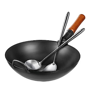 YOSUKATA Carbon Steel Wok Pan – 13,5 “ Woks and Stir Fry Pans 17’’ Wok Spatula and Ladle