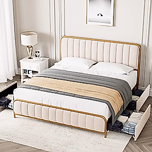 HITHOS Upholstered Full Size Bed Frame with 4 Storage Drawers and Headboard, Heavy Duty Metal Mattress Foundation with Wooden Slats, Easy Assembly, No Box Spring Needed (Golden/Off White, Full)