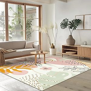 Capslpad Area Rugs 5x7, Boho Rugs for Living Room, Washable Rugs, Low Pile Soft Non-Shedding, Pink Botanical Print Rug for Bedroom, Office, Classroom, Nursery, Dining Room