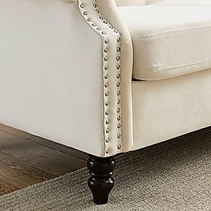 Imbesty 3 Seater Accent Sofa with Two Pillows, Chesterfield Beige Velvet Couch 79" Sofa Tufted Vintage Couch with Rolled Arms and Nailhead for Living Room, Bedroom, Apartment (79"-Beige)