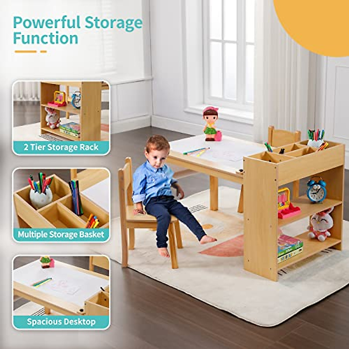 Kids Art Table, Wooden Kids Craft Table for Playroom, Kids Activity Table with 2 Chairs, 4 Storage Baskets, 2 Rows of Storage Racks and Paper Rolls (Wood)