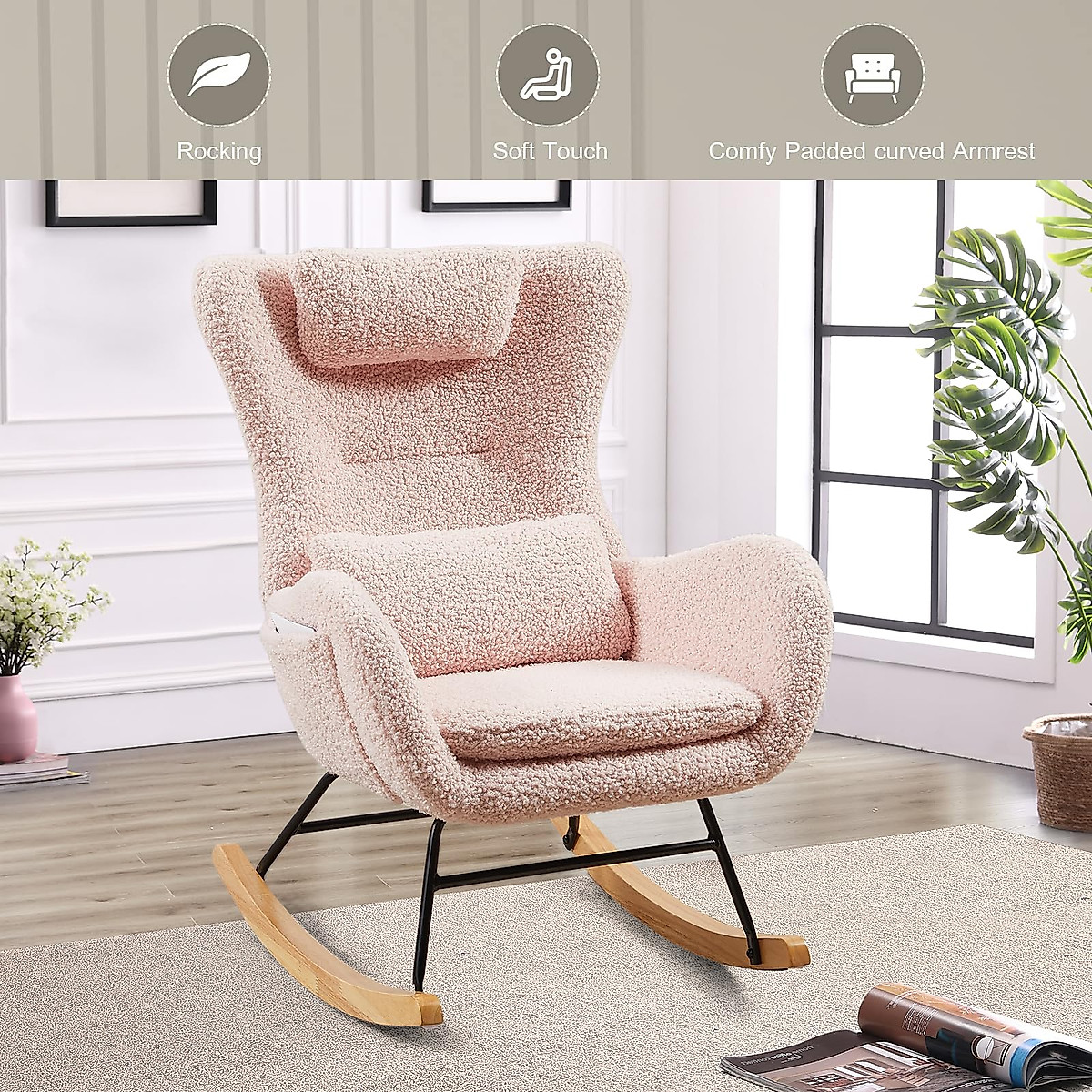 TMEOSK Small Rocking Chair Nursery, Modern Rocking Chair with Side Pockets and High Backrest, Comfy Accent Glider Chair with Headrest and Lumbar Pillow for Living Room, Bedroom (Pink)