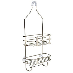 Bath Bliss Shower Head Caddy, Suction Cup Backing, 2 Tier Shelving & 6 Accessory Hooks, Satin