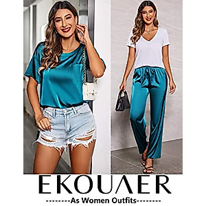 Ekouaer Satin Pajama set for Women Silk Pajamas Set Satin Pj Set Short Sleeve Top and Long Pant Pajama Set Two Piece Sleep Set Silky Sleepwear Nightwear Green L