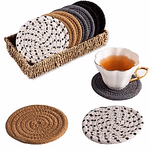 Coasters for Drink Absorbent, Handmade Woven Coasters Set of 8 with Seagrass Basket Holder, Heat-Resistant Coaster for Table Protection, Boho Fabric Coasters Suitable for Kinds of Cups