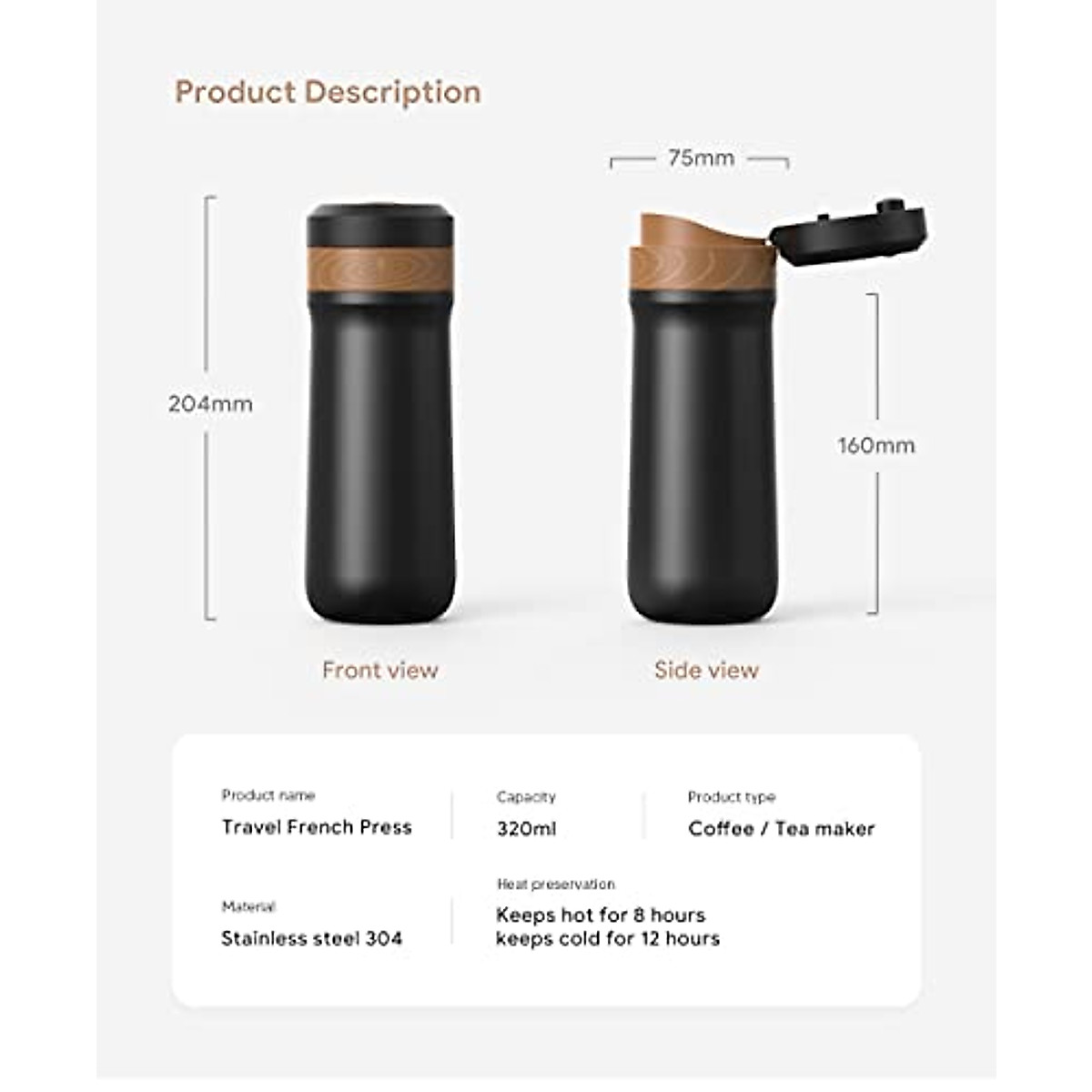 i cafilas Portable French Press Coffee Maker with Unique Filter Vacuum Insulated Travel Coffee Mug 12oz Hot/Cold Brew Coffee Press Stainless Steel Coffee & Tea Maker Great for Camping and Travel