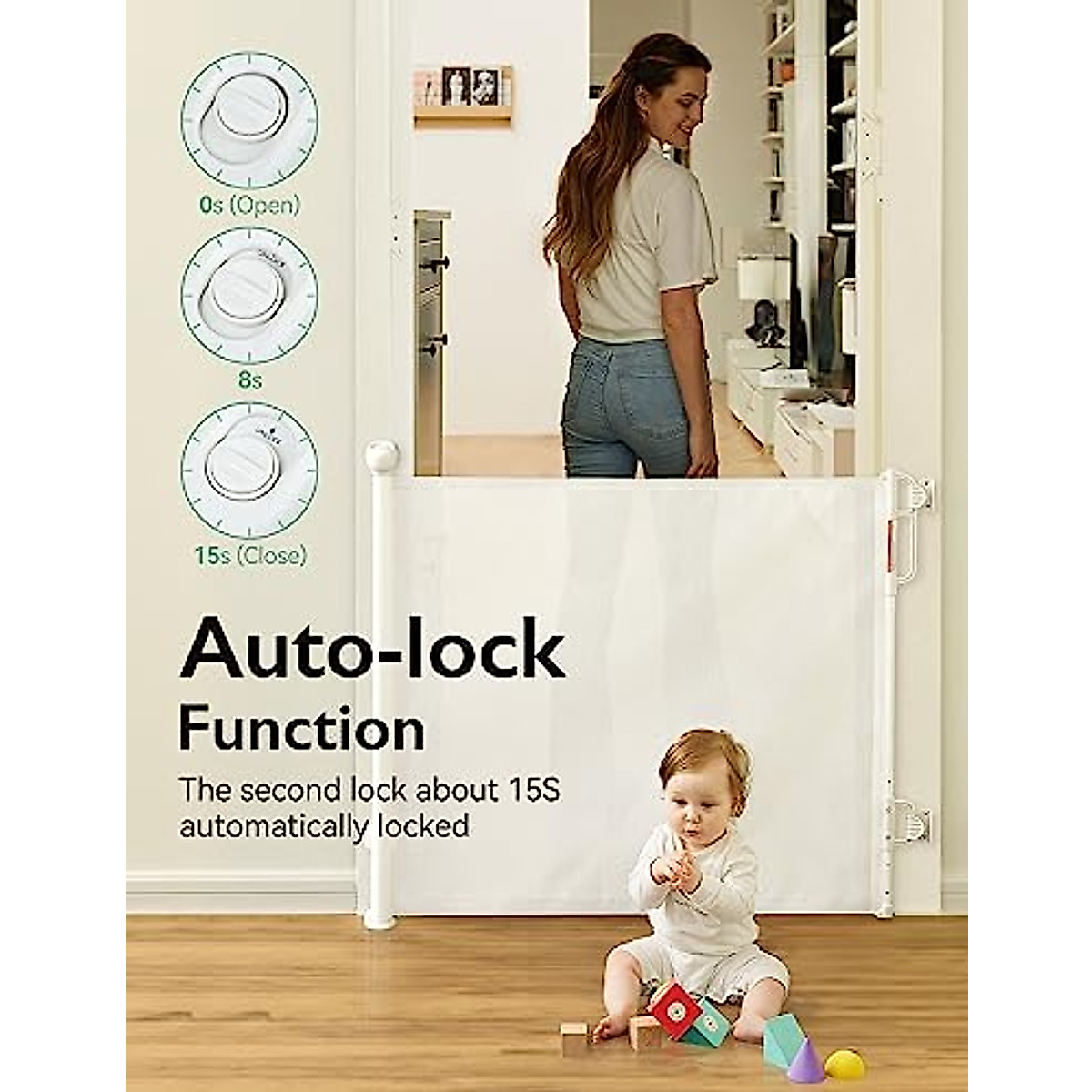 Momcozy Baby Gate, Auto Lock Retractable Baby Gate or Dog Gate, 【Auto Lock】33” Tall, Extends to 55” Wide, Mesh Safety Baby Gate for Stairs, Indoor, Outdoor, Doorways, Hallways