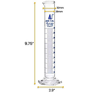 EISCO Graduated Cylinder, 100ml - Class A Tolerance ±0.50ml - Hexagonal Base - Blue Graduations - Borosilicate 3.3 Glass