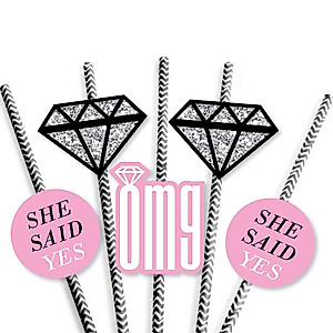 Big Dot of Happiness Omg, You're Getting Married Paper Straw Decor - Engagement Party Striped Decorative Straws - Set of 24