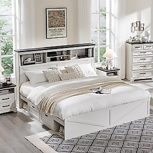 ACCOHOHO King Size Wood Bed Frame Farmhouse with 52" Tall Storage Bookcase Headboard, LED Light,Charging Station,4 Drawers and Solid Wood Slats Support,Noiseless,No Box Spring Needed- Luxury White