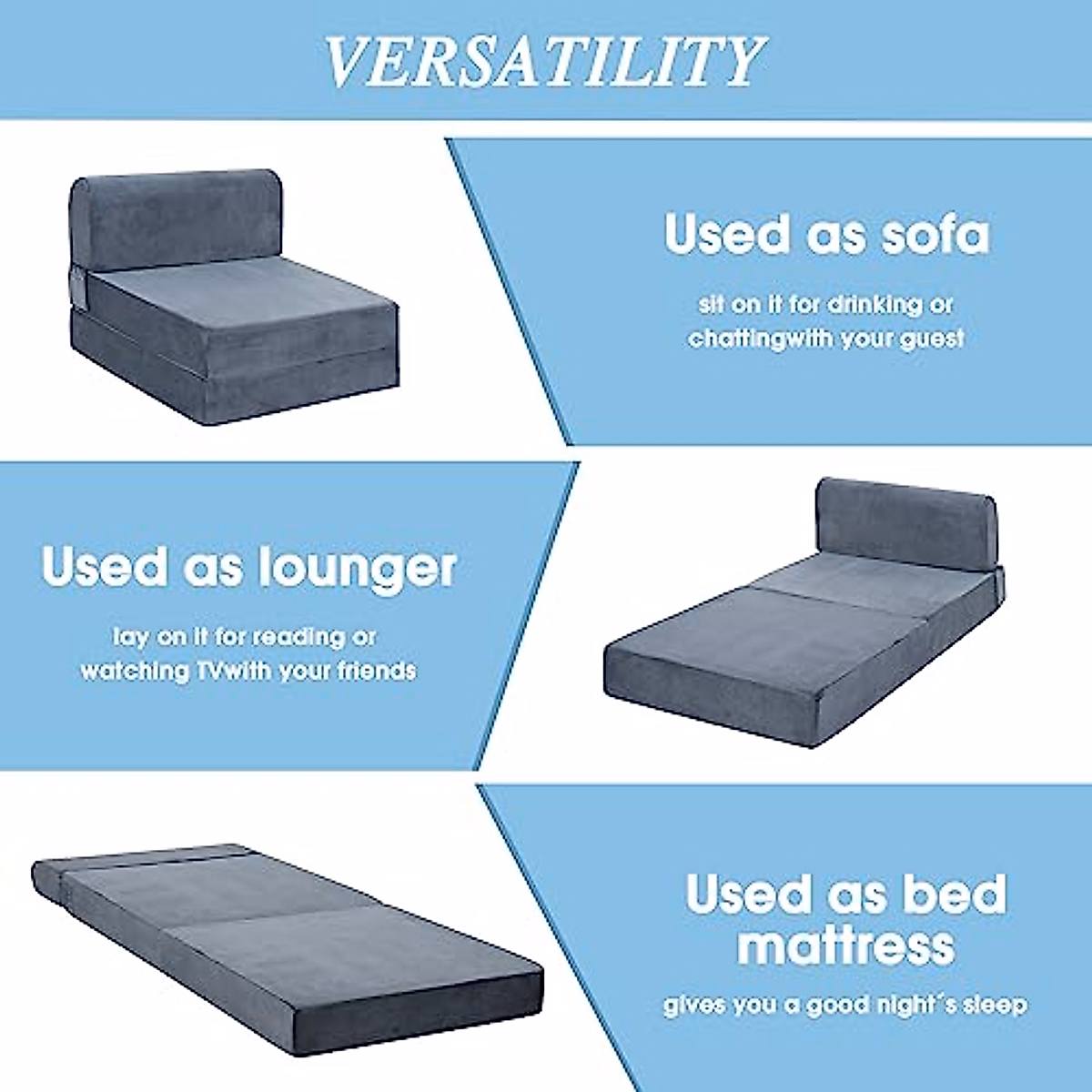 XIECUVA Sleeper Sofa Bed, Memory Foam Folding Sleeper Chair Couch Bed with Soft Cushions, Characteristic Sofa Mattress in Living Room Bedroom Guest Room Home Office (6''*36''*70'', Grey)