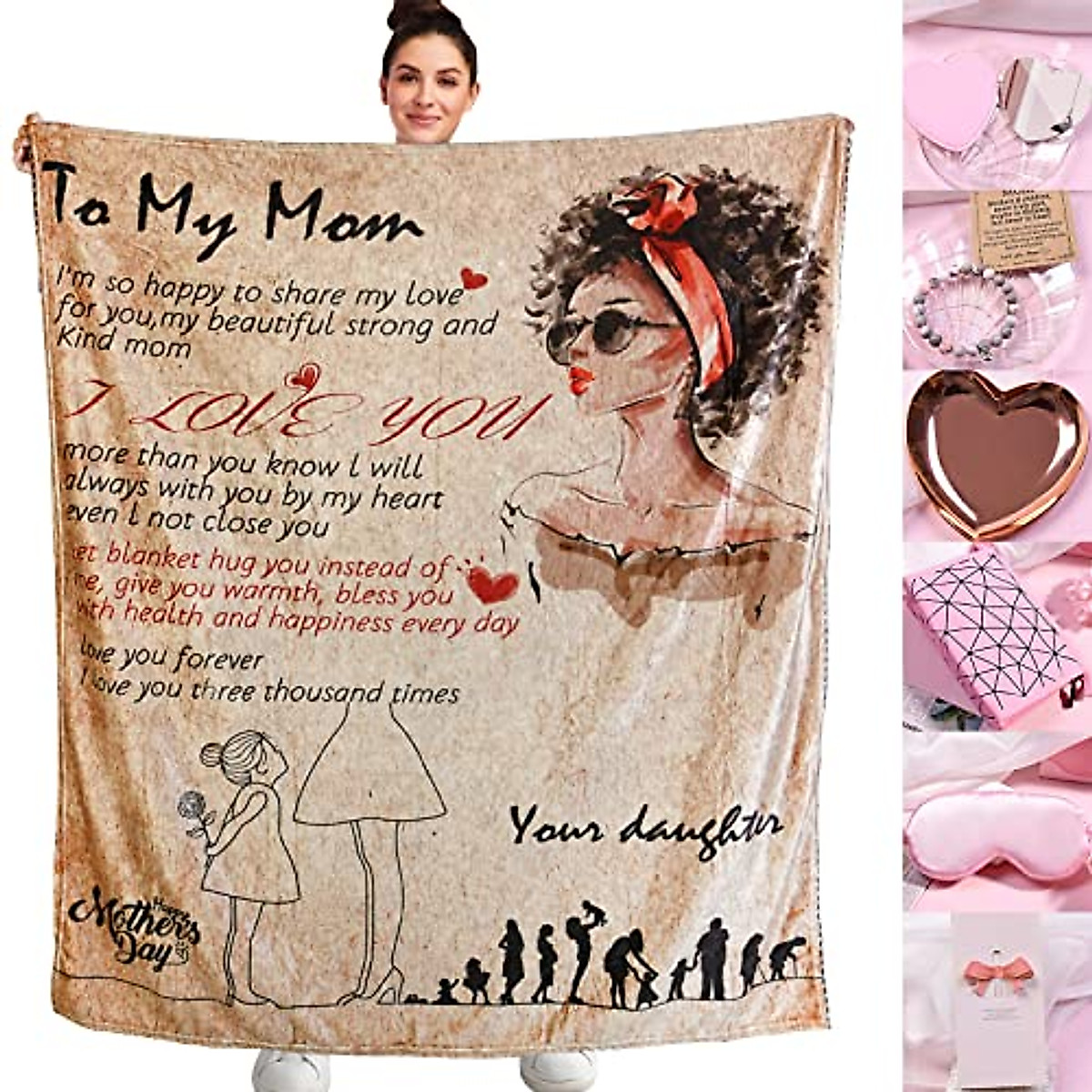 Gifts for Mom, Mothers Birthday Gifts Blanket 50 * 60 inch Basket for Mom Self Care Women Gift Box to My Mom from Daughter Son Includes Bracelets Eye Mask Makeup Bag Mirror Jewelry Plate