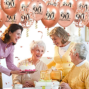RUMIA 18pcs Rose Gold 90th Birthday Balloons, Latex Balloons with Confetti Design, Party Decorations for Women Men 90th Birthday Anniversary Decor Supplies