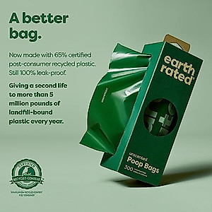 Earth Rated Dog Poop Bags, New Look, Thick Grab and Go Single Roll, Ideal for Backyard Pickups, Lavender Scented, 300 Bags