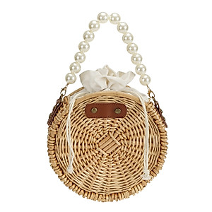 So'each Women Handmade Rattan Wicker Woven Artificial Pearl Circle Shoulder Bag