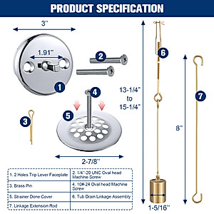 Enhon Universal Bath Tub Drain Linkage Assembly with Trip Lever and Strainer Done Cove, Bathtub Drain Kit, Fit for Trip Lever Bath Tub Waste and Overflow Drain, Chrome