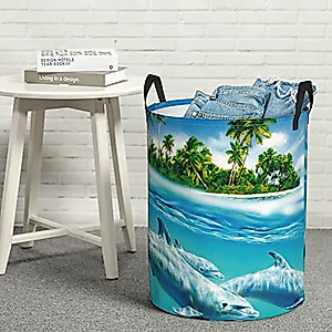 Underwater Sea Dolphin Large Laundry Basket, Laundry Hamper with Handle Collapsible Dirty Clothes Hamper Round Storage Basket for Bedroom Clothes Storage
