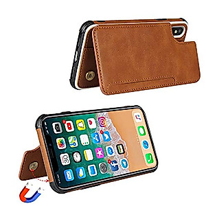 Cavor for iPhone X Wallet Case with Card Holder,iPhone Xs Case for Women Men,Phone Case iPhone X with Credit Card Holders,Leather Card Slots Cases[Kickstand][Wrist Strap] Shockproof Cover- Brown