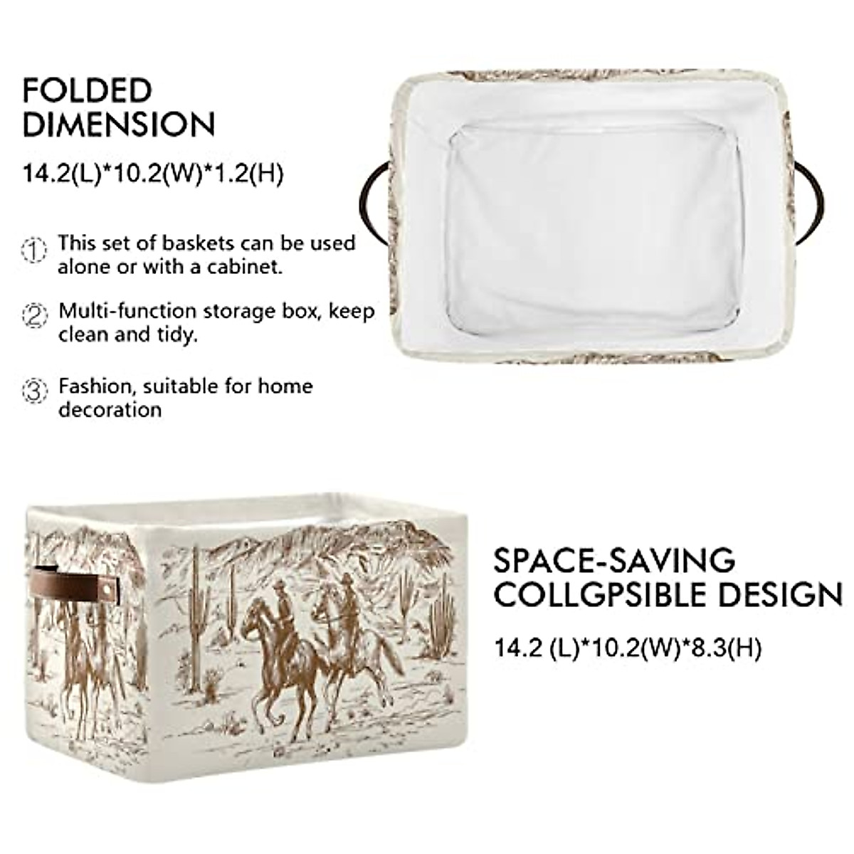 Cowboy Storage Basket Western Desert Cowboy Storage Bin Collapsible Large Storage Baskets with Leather Handles Storage Cube Box Organizer for Closet Toys Gift Basket,1PC