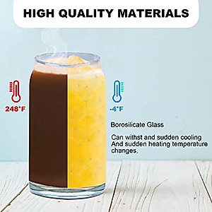 LEFIMOT 4 Pack Drinking Glasses with Bamboo Lids and Straw, 16oz Can Shaped Glass Cups Iced Coffee Cup Beer Glasses Cocktail Glasses Cute Tumbler Cup for Smoothie,Tea,Whiskey,Water,Gift