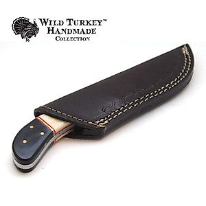 Wild Turkey Handmade Damascus Collection 9" Fixed Blade Hunting Knife w/Leather Sheath (Bone)