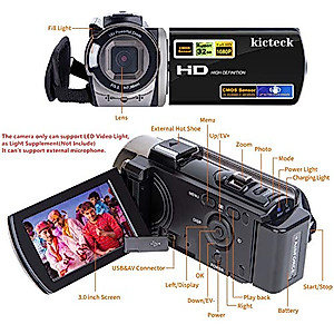 kicteck Video Camera Camcorder Digital Camera Recorder Full HD 1080P 15FPS 24MP 3.0 Inch 270 Degree Rotation LCD 16X Zoom Camcorder with 2 Batteries(604s)