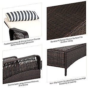 RELAX4LIFE Patio PE Rattan Chaise Lounge, Outdoor Recliner with Thick Cushion, Lumbar Pillow, 6-Gear Adjustable Backrest & Non-Slip Foot Pads, Sunbathing Lounger, Yard Wicker Couch Chair, White