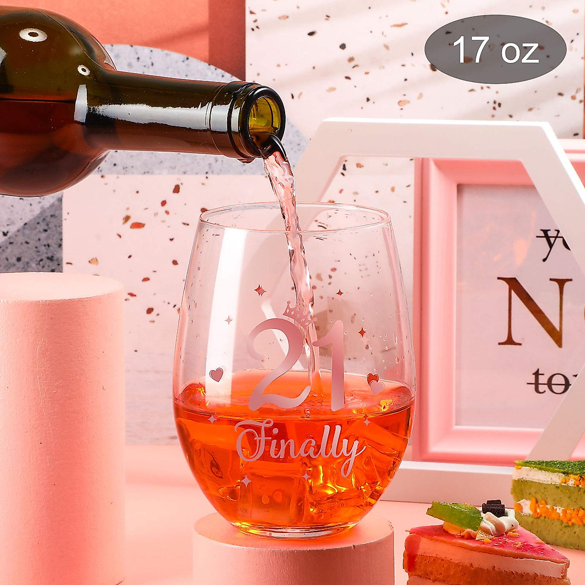 Stemless Wine Glass Rose Gold Birthday Wine Glass Present Anniversary Glasses for Man Women Birthday Party Wedding Anniversary Decorations, 17 oz (21 and Fabulous)