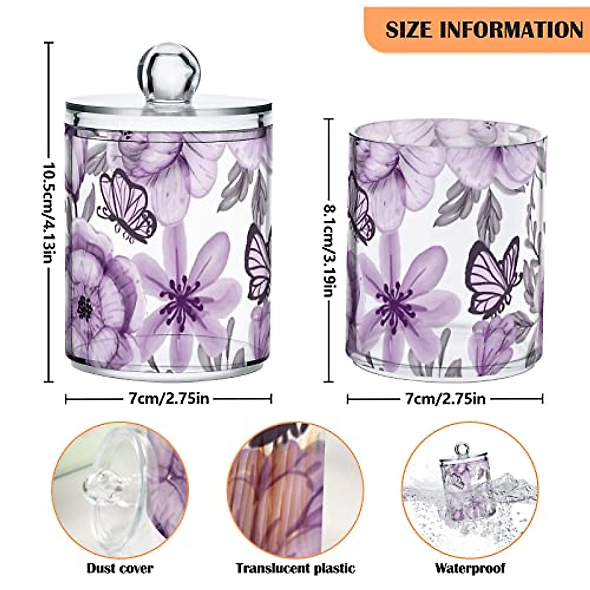 Clear Plastic Jar Set for Cotton Ball, Cotton Swab, Cotton Round Pads, Floss, Purple Flower and Butterfly Bathroom Canisters Storage Organizer, Vanity Makeup Organizer,2Pack