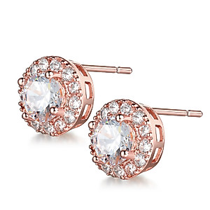 GULICX Halo Stud Earrings Round CZ Cubic Zirconia for women Silver/Gold Plated/Rose Gold Plated