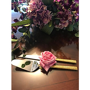 Elegant 2 Piece Cake Server Set 1 Cake Knife and 1 Cake Server 2 Tone Made of Stainless Steel and Beautiful Gold Design Ideal for Weddings, Parties, Elegant Events.