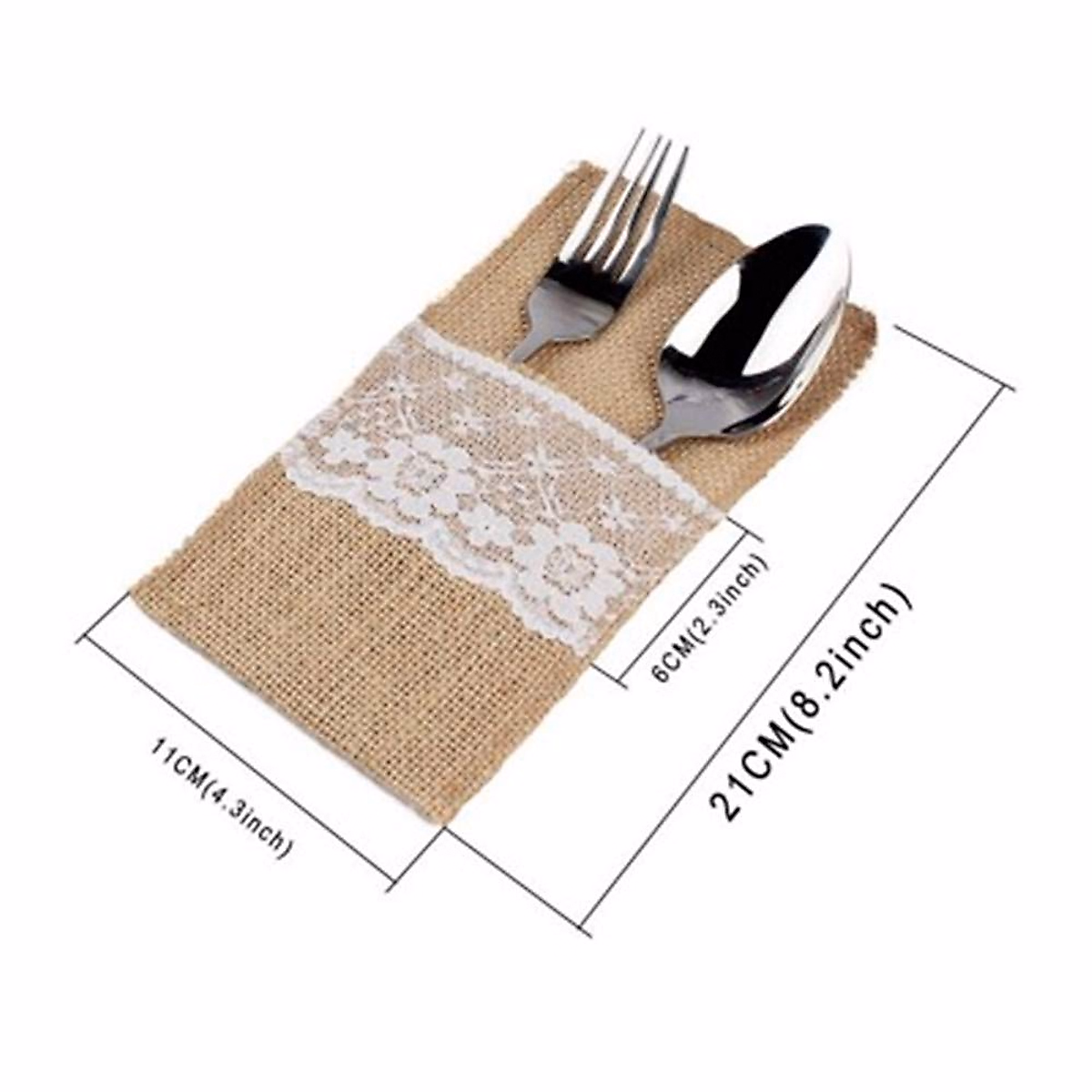 KAISIDA 10PCS Lace Utensil Pouch Knifes Forks Bag Burlap Cutlery Holders for Vintage Natural Wedding (4x8inch)