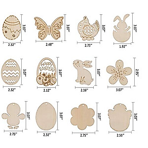 Max Fun 60PCS Easter Wood Cutouts for Crafts Easter Unfinished Ornaments DIY with Bunny to Paint for Kids Easter Party Decorations Decor Hanging Egg Shapes with Drawing Pen and Hang Cords