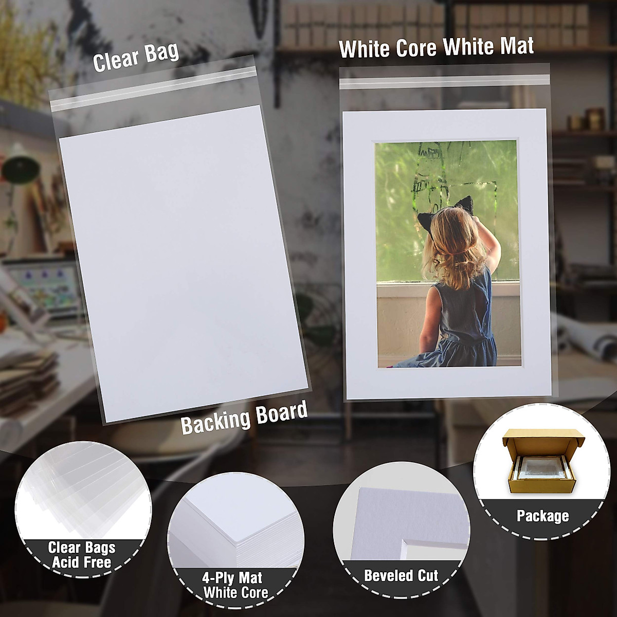 Acid Free 8x10 Pre-Cut Picture Mat Board Kit for 5x7 Photo, Includes 25 White Core Bevel Cut Mattes, 25 Backing Boards, 25 Crystal Clear Bags