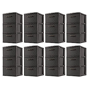 Sterilite 3 Drawer Wicker Weave Decorative Storage Organization Container Cabinet Tower with Driftwood Handles, Espresso (8 Pack)
