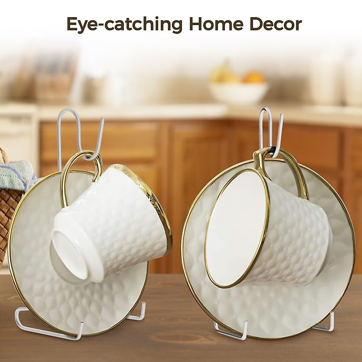 Homaisson Cup and Saucer Display Stand, 8 Pcs Tea Cup and Saucer Holders, Teacup Coffee Mug Organizer Rack, Golden Finish Metal Mug and Saucer Stand for Tea Coffee Cups Plates(Silver)