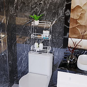 VIREESR Over The Toilet Storage Shelf, 1/2/3 Tier Bathroom Metal Storage Organizer Punch-Free Toliet Storage Shelf, Home Storage Rack with Hooks (3 Tier, White)