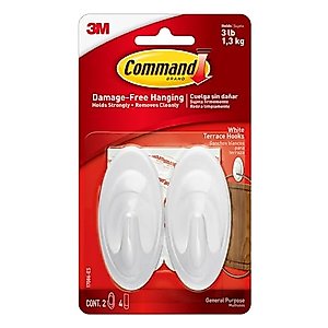 Command White Terrace Hooks, 2 Hooks with 4 Command strips, Holds up to 3 lb, Damage Free Hanging Wall Hooks with Adhesive Strips, No Tools Wall Hooks for Hanging Decorations in Living Spaces