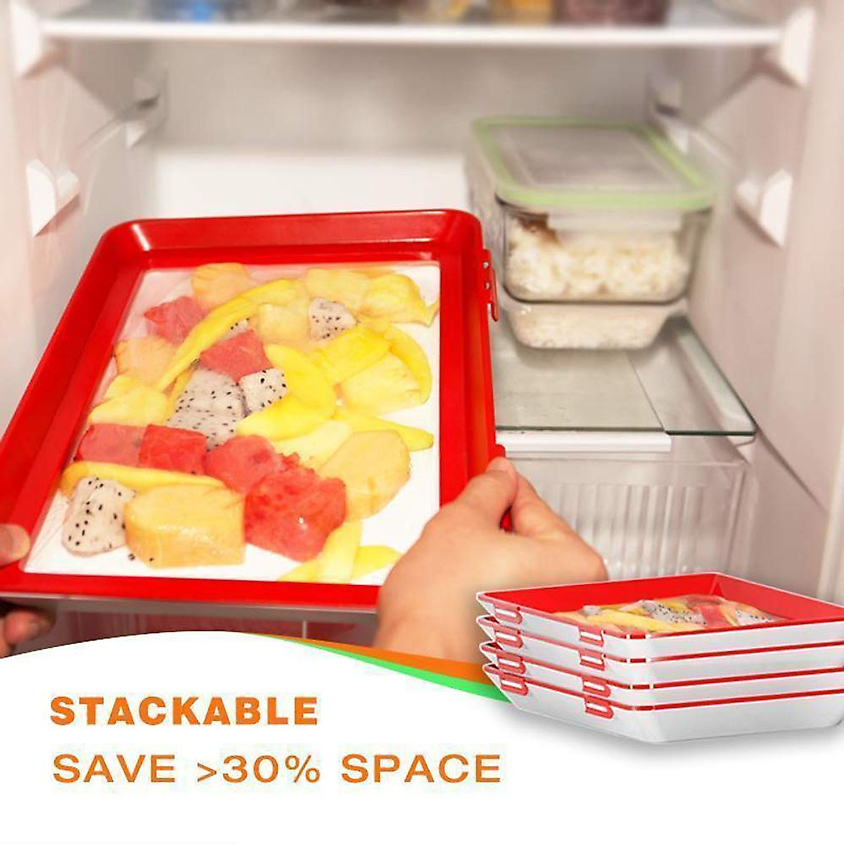 Food Plastic Preservation Tray, Stackable Food Tray Reusable Creative fresh tray storage for Food Preservation (4 Pack)