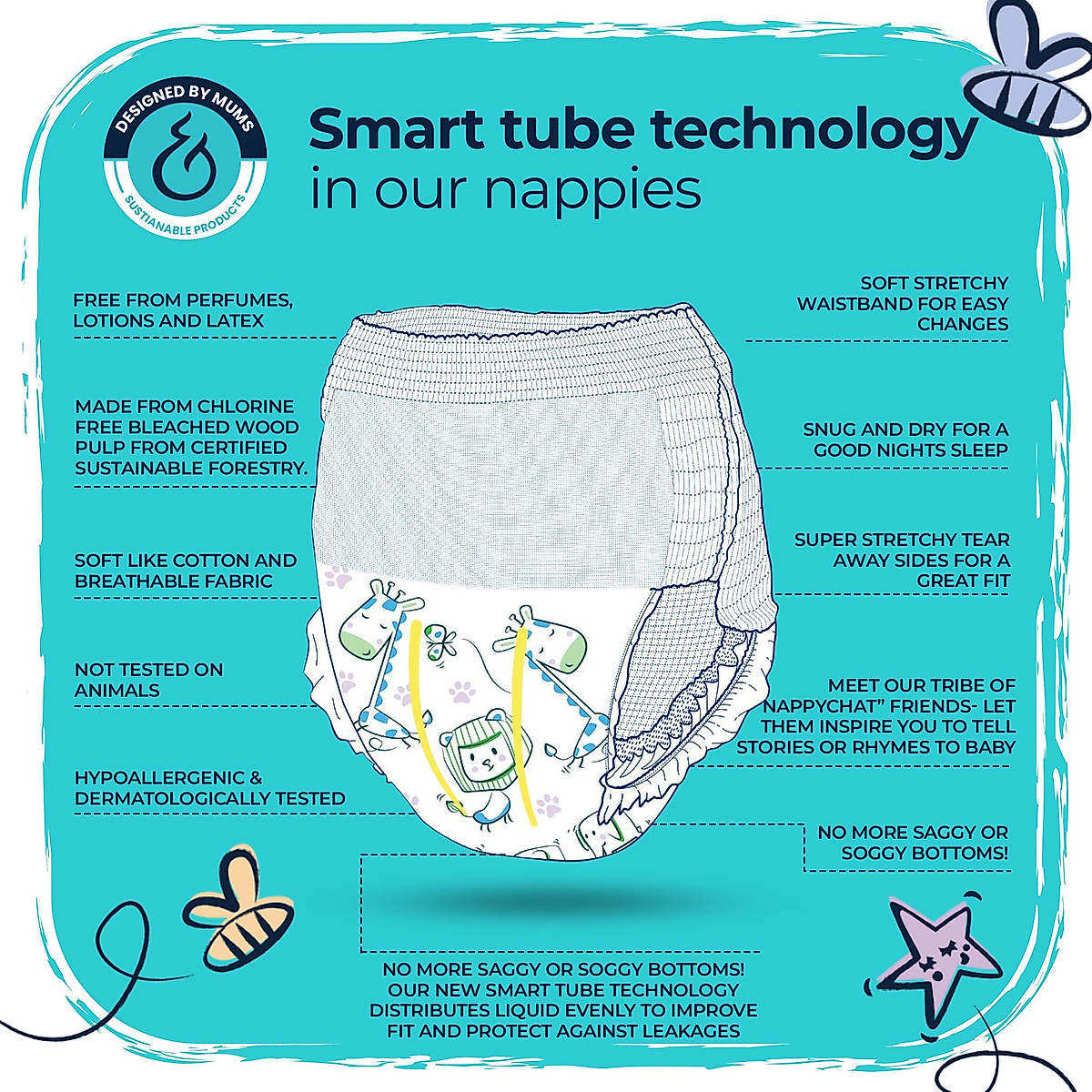 Mum & You Nappychat Premium Performance Eco Diaper Pants, Size 5 (20 diapers) Smart Tube Technology Leak Protection. 100% Recyclable. Hypoallergenic, Dermatologically-Tested. No Lotion, Perfume or Dye