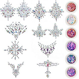 8 Pieces Halloween Jewels Tattoo Body Gems Rhinestone Sticker with 6 Boxes Chunky Holographic Face Hair Glitter Crystals Face Stickers Jewels for Rave Festival Makeup(Vivid Style)