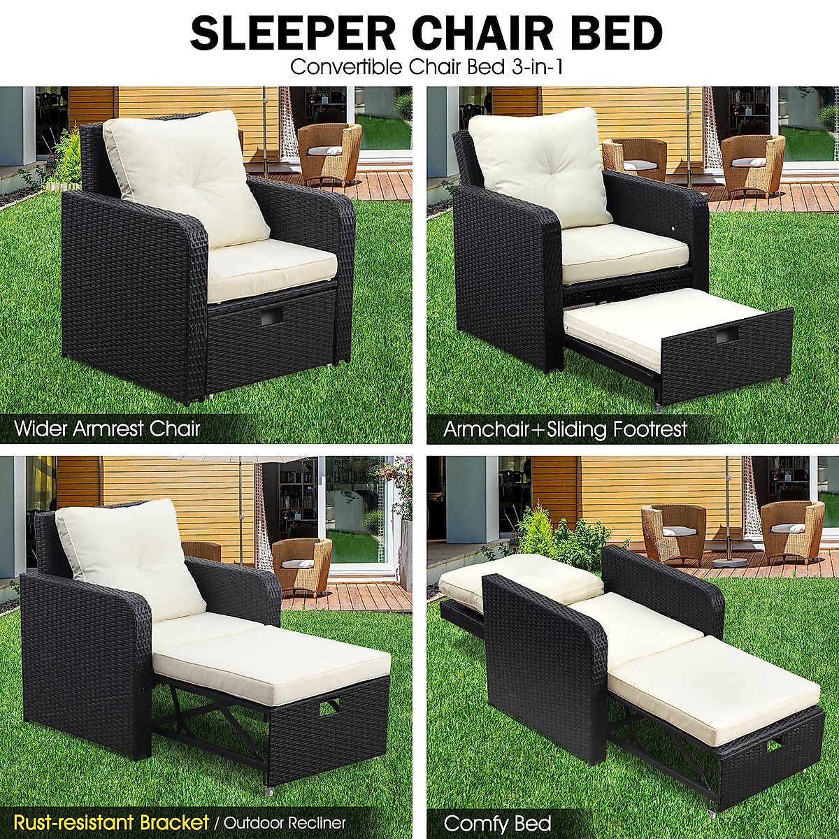 Wicker Outdoor Patio Sofa Chair: Rattan Convertible Patio Furniture Sets with Waterproof Thick Cushion Outdoor Furniture Set Comfortable Easy Assemble Patio Chairs for Outdoor Backyard